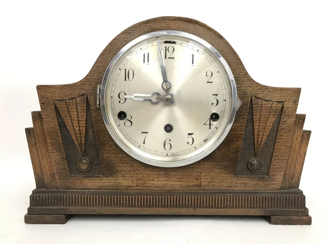 ART DECO WOODEN Wind Up Mantel Chime Clock Brown Design Vintage £28.00 ...
