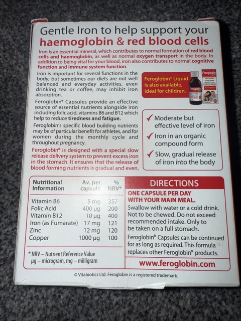 VITABIOTICS FEROGLOBIN ORIGINAL - 30 Capsules Iron Suppliment £3.29 ...