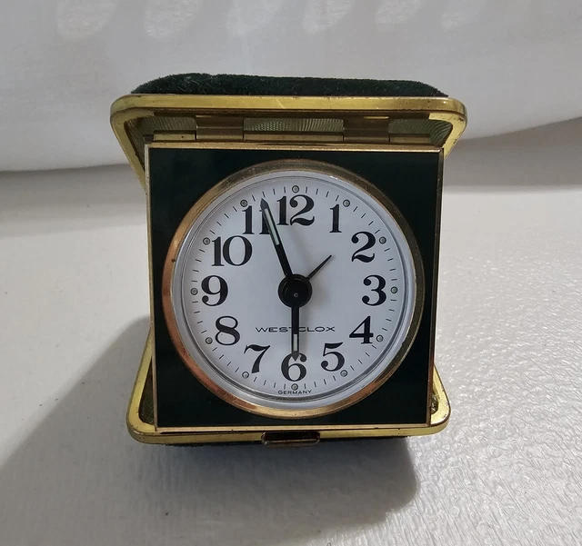 VINTAGE GREEN WESTCLOX Travel Alarm Clock Made in Germany Velvet Case £ ...