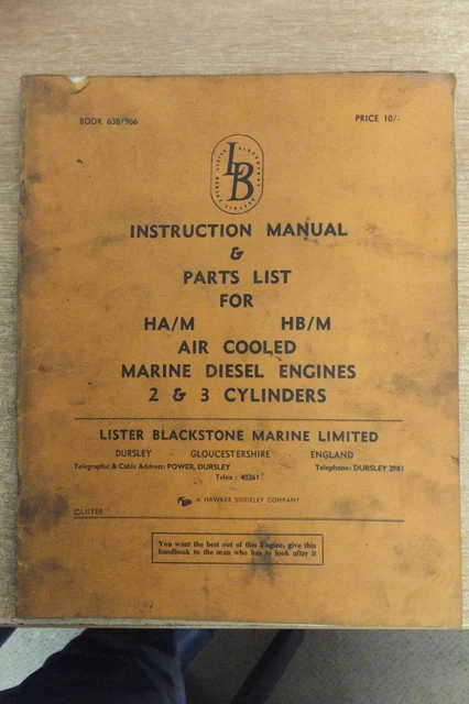 LISTER HA/M HB/M diesel marine engine instruction manual & parts list ...
