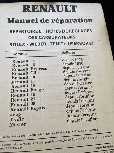 MANUEL REPARATION RENAULT FICHES REGLAGES CARBURATEUR SOLEX WEBER ...