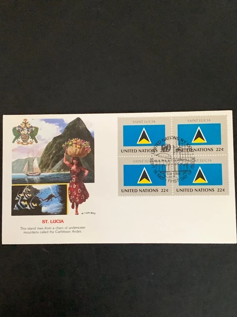 STAMPS: UNITED NATIONS First Day Cover 47, Scott 510, St. Lucia, Flag ...