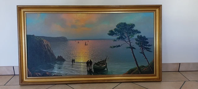 TABLEAU ANCIEN PIERRE Godar "Soleil couchant sur la côte d'Emeraude ...