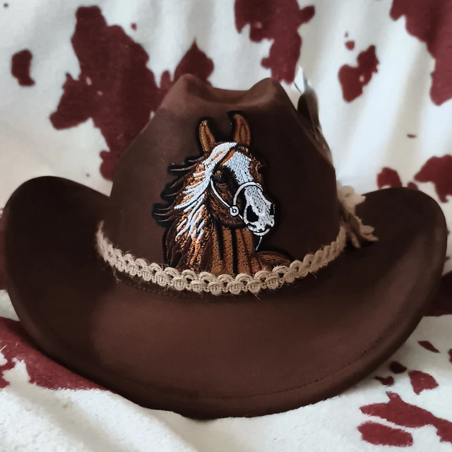HAND MADE COWBOY Hat Embroidered Horse Feather Trim Adult Unisex 56-59 ...