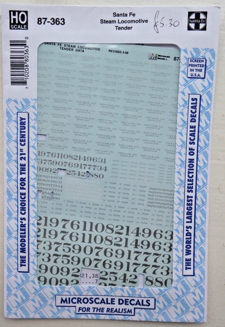 MICROSCALE 87-363 SANTA Fe Steam Locomotive Tender HO Decals USA ...