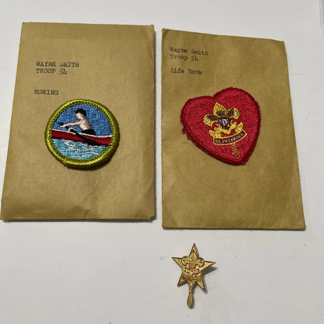 VINTAGE BOY SCOUTS Life Rank Rowing merit badge and star scout pin ...
