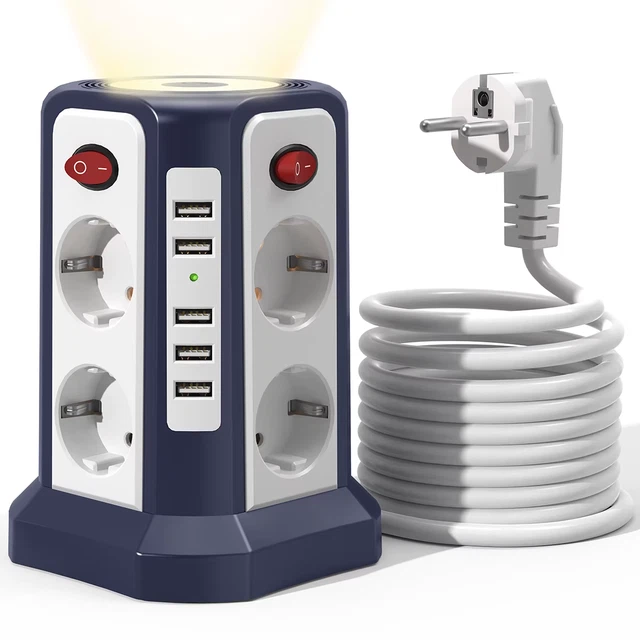 EURO 8-POSITION SMART Socket Tower with 5 USB Ports Multi-Function ...