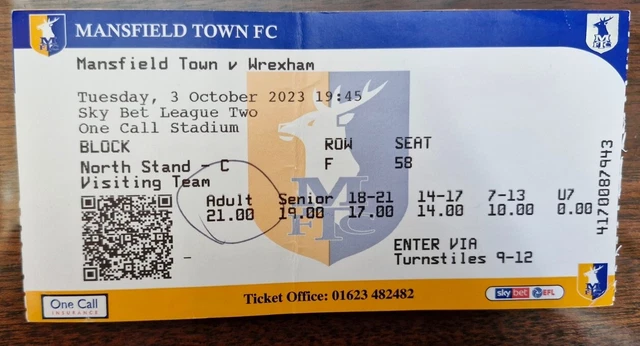 MANSFIELD V WREXHAM AFC Match Ticket- 3/10/2023 £8.00 - PicClick UK