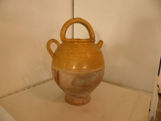 GRANDE CRUCHE CHEVRETTE Ancienne en Terre Cuite Vernissée Jaune du sud ...