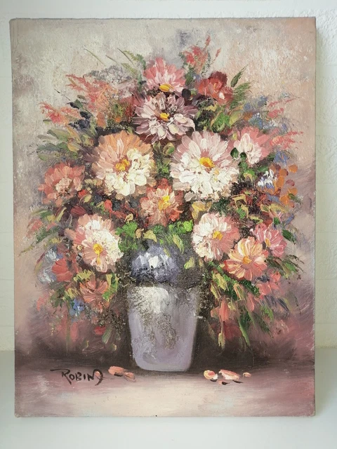 MAGNIFIQUE BOUQUET DE Robin en relief XXe Peinture Huile Sur Toile ...