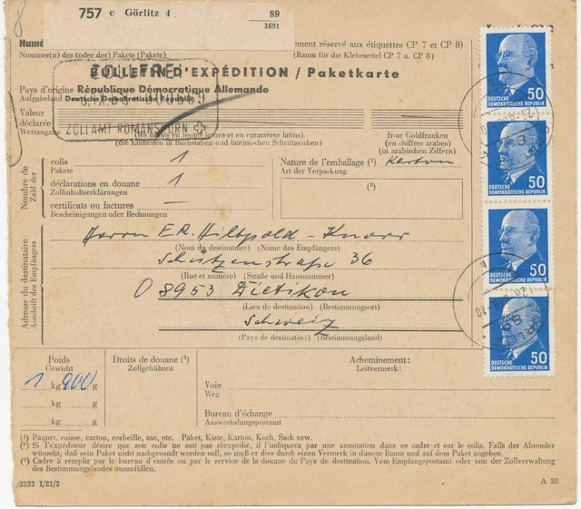 DDR 1968 WALTER Ulbricht 50Pf (4x) sehr seltene MeF auf portogerechte Paketkarte EUR 45,00 ...