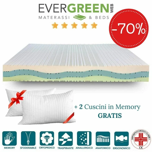 EVERGREENWEB ? MATERASSO Matrimoniale 140x200 Memory AIR + Cuscini ...
