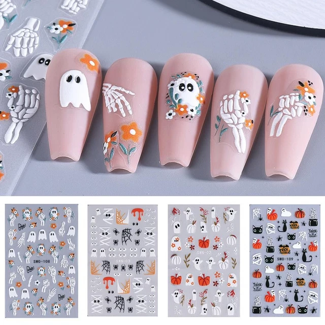 3D HALLOWEEN NAIL Stickers Pumpkin Ghost Spider Skull Design Bow Flower ...