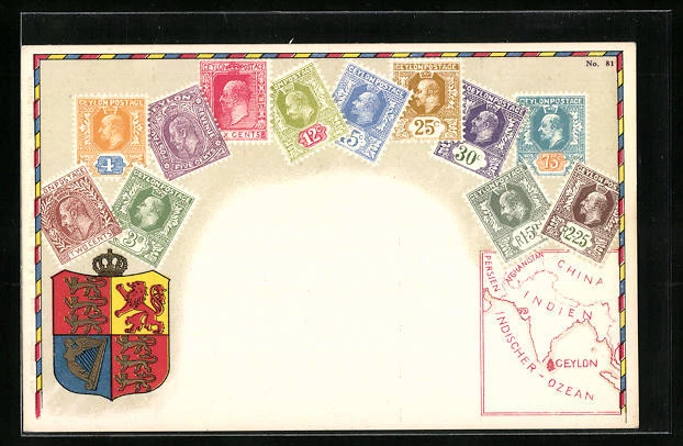 KÜNSTLER-AK CEYLON, BRIEFMARKEN, Wappen und Landkarte mit Indien, China und Afg EUR 10,00 ...