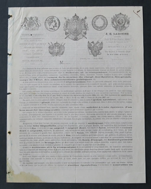 FACTURE 1867 LAROCHE chimiste redorure réargenture Armée costume ...
