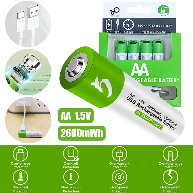 USB AA LITHIUM-ION Rechargeable Battery 1.5V 2600mWh Type C Fast Charge ...