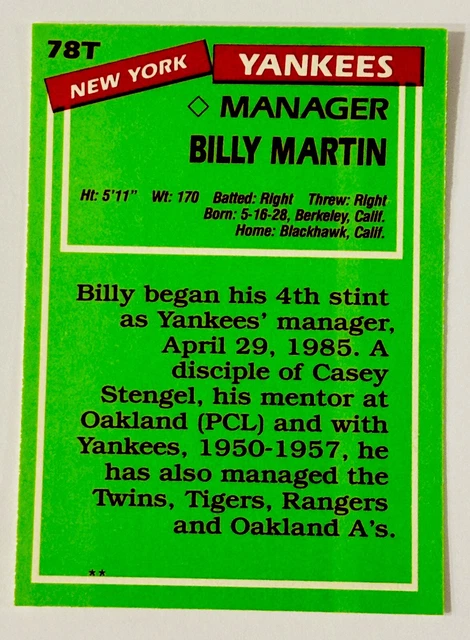 1985 BILLY MARTIN Topps échangé #75T HOF New York Yankees Manager EUR 5 ...