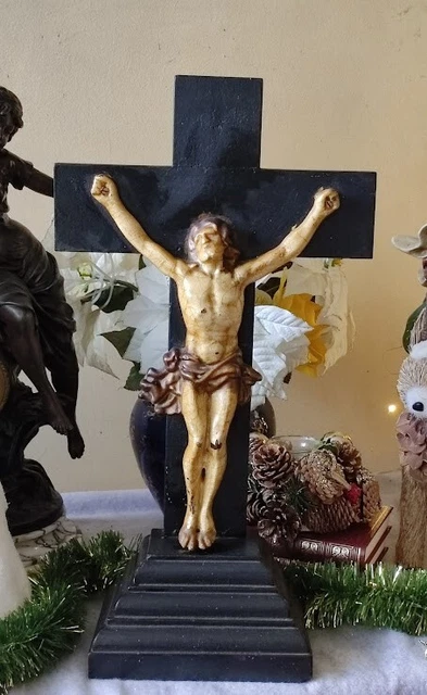 ANCIEN GRAND CRUCIFIX Bois Noir Jesus Christ Janseniste Metal Peint ...