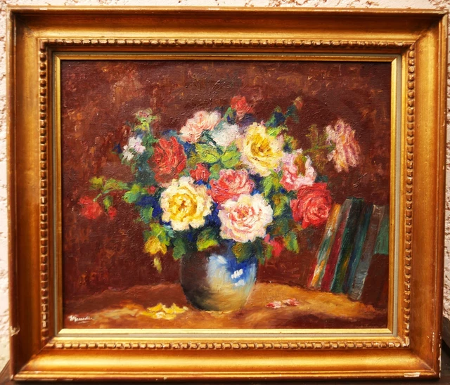GRAND ET BEAU tableau signé : vase de roses EUR 35,00 - PicClick FR