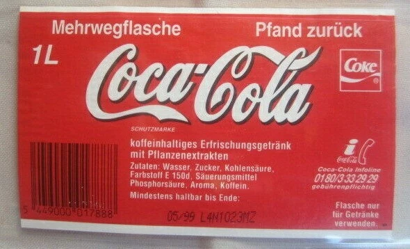COCA-COLA FLASCHENETIKETT FLASCHENBANDEROLE 1 Liter Mehrwegflasche ...