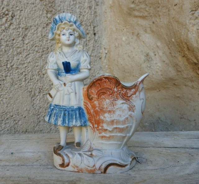 JARDINIÈRE VITRINE FILLETTE éventail Art Nouveau XIX Biscuit polychrome ...