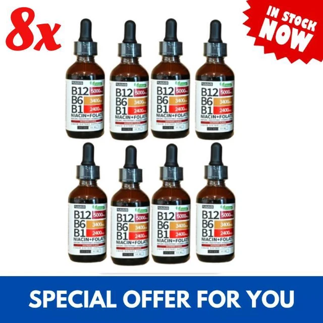 8 VITAMIN B12 Raspberry Liquid Supplement Drops with B6, B1, Niacin ...