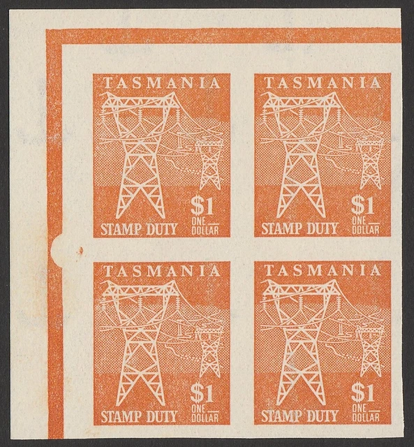 TASMANIA STAMP DUTY 1966 Power Pylon $1 wmk 'TT' inverted IMPERF block ...