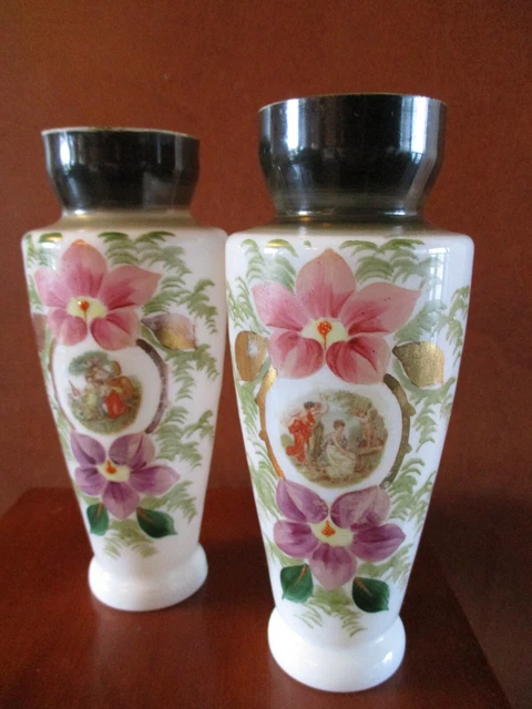 ANTIQUE PAIR VICTORIAN Bohemian Opaline Milk Glass Hand Painted Vases $165.00 - PicClick CA