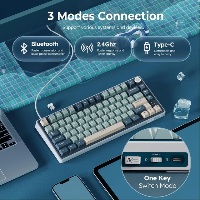 RK ROYAL KLUDGE R75 Wireless Mechanical Keyboard, 75% Percent Gaming ...