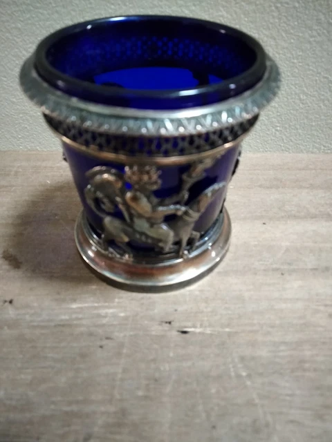 PETIT POT ANCIEN en verre bleu avec support métal EUR 8,00 - PicClick FR