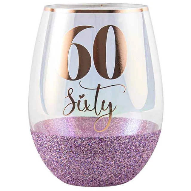 GLITTER 60TH CELEBRATION Stemless Wine Glass Purple 600ml Drinking Cup ...