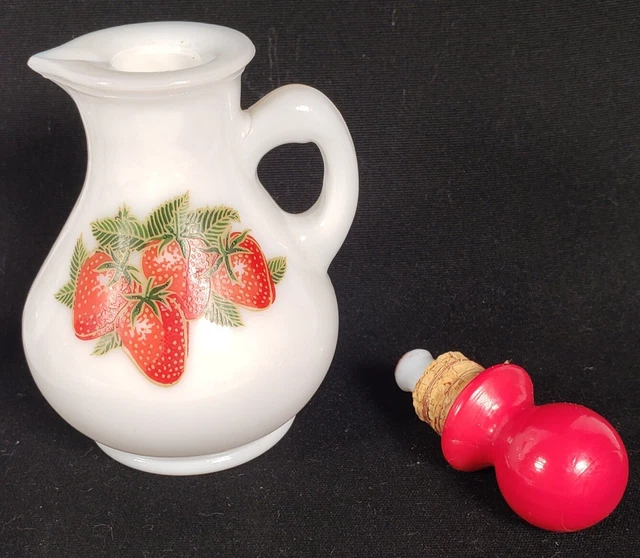 MILK GLASS AVON Strawberries and Cream Pitcher Jug Cork Vintage Red ...