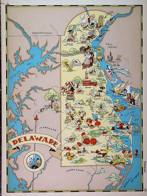 VINTAGE 1938 COLORFUL Pictorial Map ~ DELAWARE by Ruth Taylor ~ Free S ...