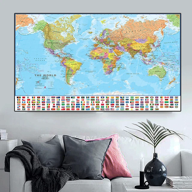225*150CM THE WORLD Political Map with National Flags Non-woven Canvas ...