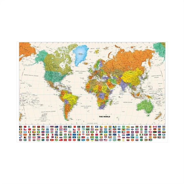 CLASSIC ENGLISH WORLD Wall Map with Flags Lager Internation Poster £10. ...