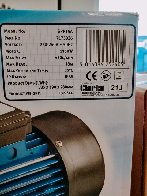 CLARKE SPP15A 1.5HP Swimming Pool Pump (450l/min, 230v, Max 18 Mtr Head ...