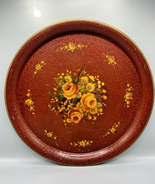 GRAND PLATEAU EN tôle peinte XIXème style Napoléon III 45cm decor de ...