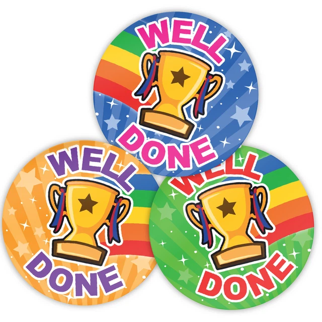 144 WELL DONE Sports Day Trophy Reward Stickers Rainbows 30mm School ...
