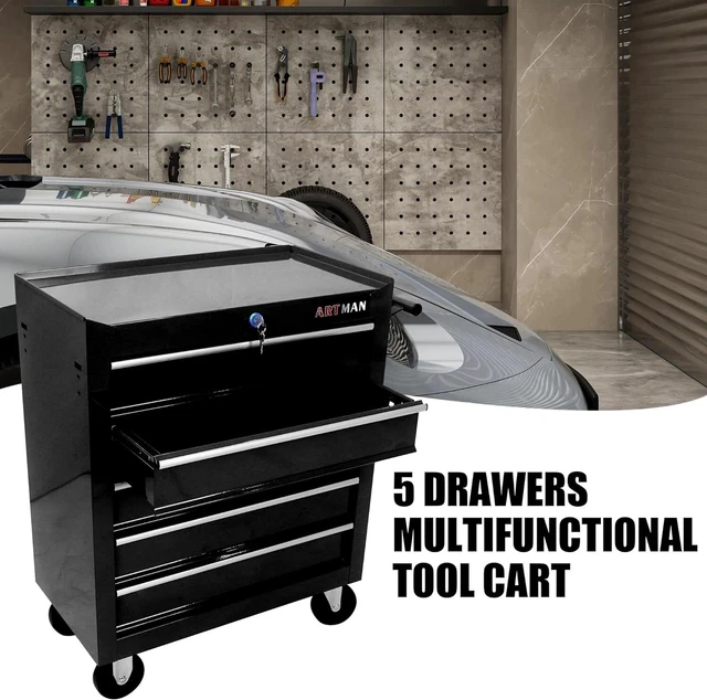 5 DRAWERS BLACK Rolling Lockable Multi-functional Tool Cabinet For ...