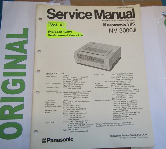 ORIGINAL PANASONIC NV-3000 Exploded Views and Parts List VCR Service ...
