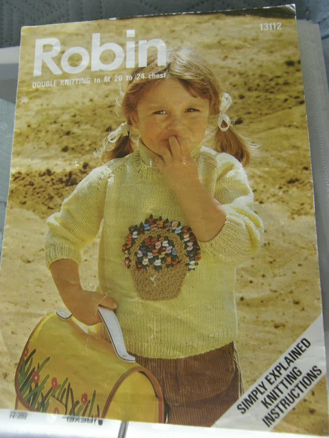 ROBIN KNITTING PATTERN, Child's Jumper with Basket of Flowers, DK 20 ...