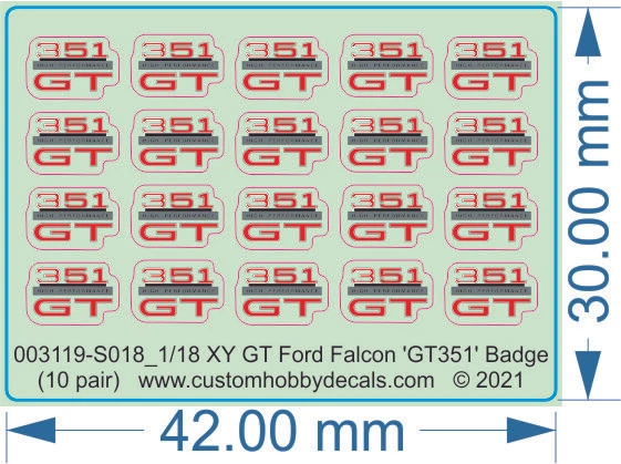 FORD XY GT Falcon - GT351 Badge (10-pr) - 1/18 1/25 1/43 - Water Vinyl ...