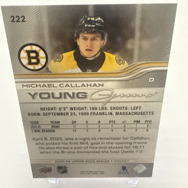2025-26 MICHAEL CALLAHAN UD Series 1 Young Guns YG Rookie RC #222 ...