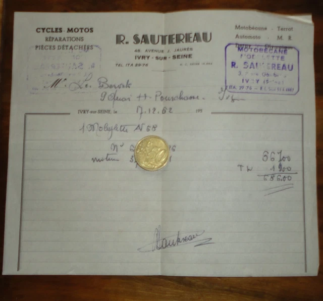 FACTURE MOBYLETTE MOTOBÉCANE AV 68 n de 1962 numéro de série cadre et ...