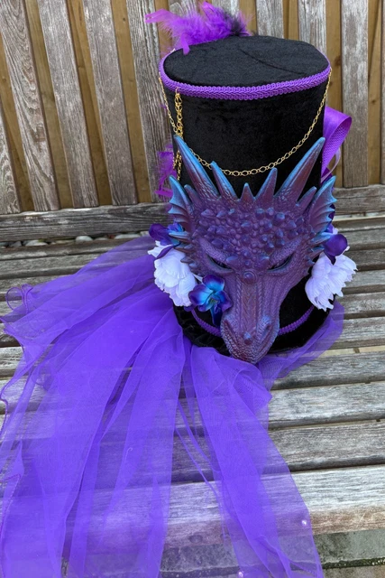STUNNING DRAGON INSPIRED 14" TALL Top Hat 57cm Purple Gold Chain Veil ...