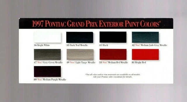 1997 PONTIAC GRAND PRIX Exterior Color Chip Chart Paint Sample Brochure ...