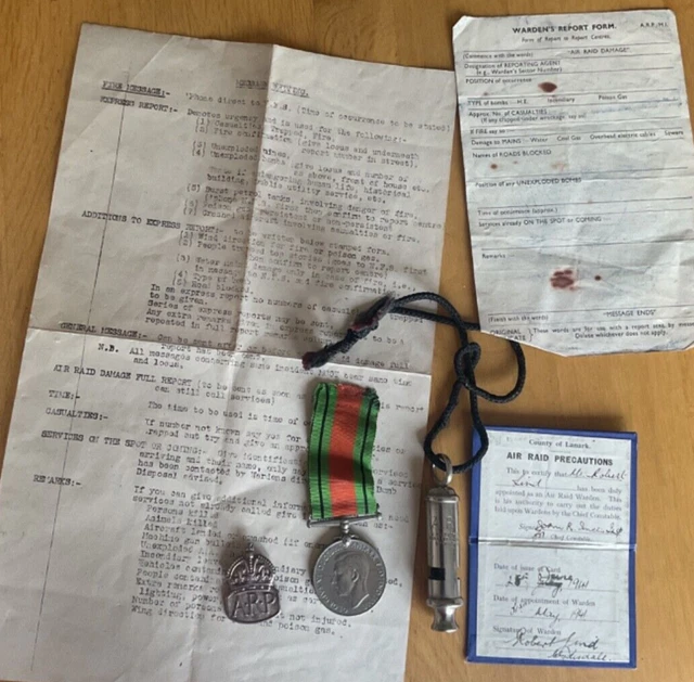 WW2 ARP AIR Raid Warden Defence Medal Badge Whistle ID Card UXB Report ...