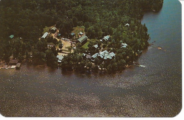 POSTCARD AERIAL VIEW Higby Club Big Moose Lake, NY Adirondack mountains ...