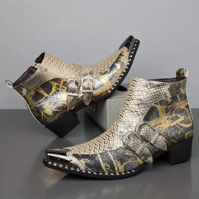 MEN'S SNAKESKIN PRINT Western Boots Side Zipper Ankle High chunky Heel ...