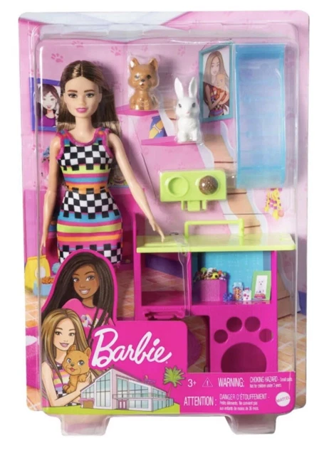 BARBIE DOLL & Pet Playhouse Playset With 2 Pets Dog & Rabbit Toy Mattel ...